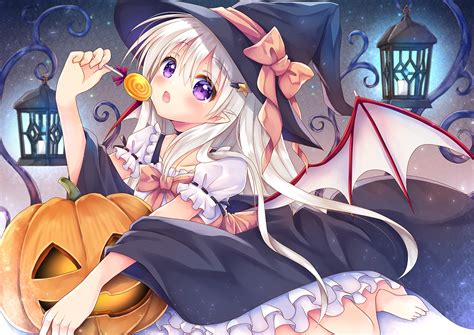 Barefoot Candy Halloween Hat Lollipop Long Hair Original Pointed Ears Pumpkin Purple Eyes Wings
