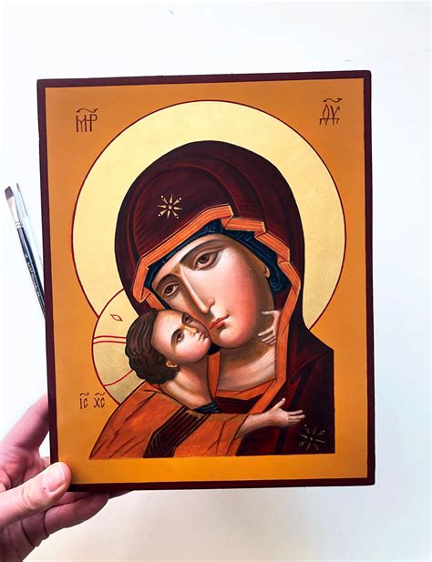 Mother Of God Sweet Kiss Hand Painted 24k Gold Orthodox Icon Virgin