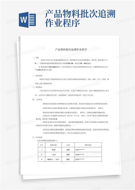 产品物料批次追溯作业程序Word模板下载 编号qdyvagbx 熊猫办公