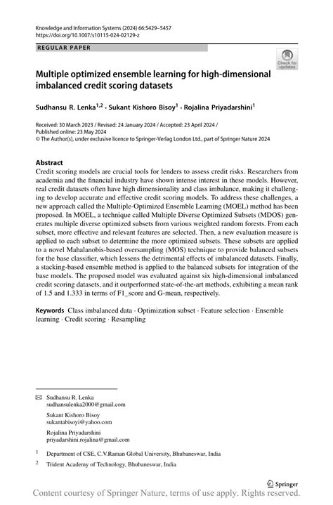 Multiple Optimized Ensemble Learning For High Dimensional Imbalanced Credit Scoring Datasets