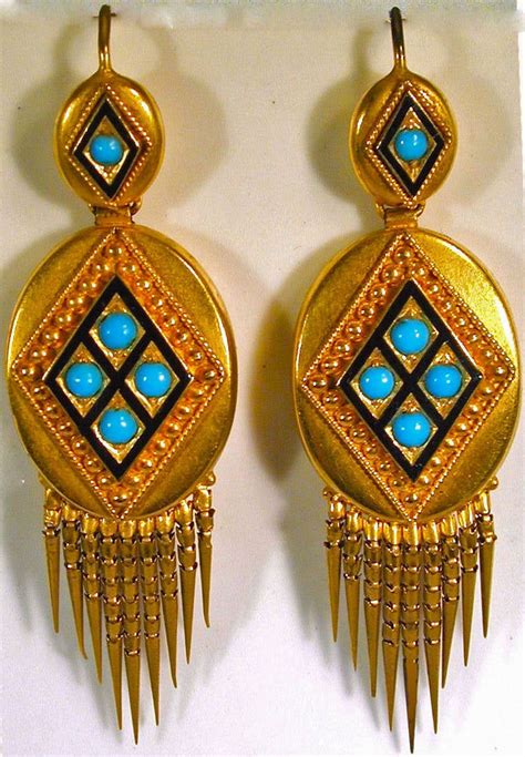 Antique Enamel Turquoise Gold Fringe Earrings At 1stdibs