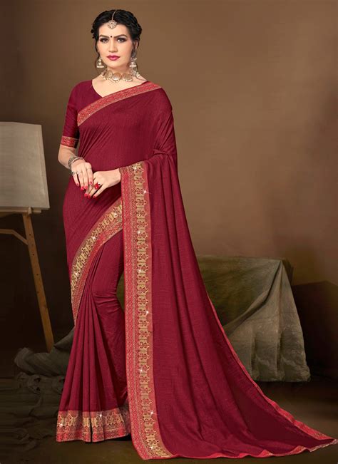 Buy Silk Lace Maroon Traditional Saree Online 175574