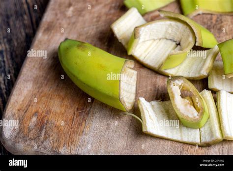 Unripe Green Banana Cut Into Pieces Banana With Green Peel On The