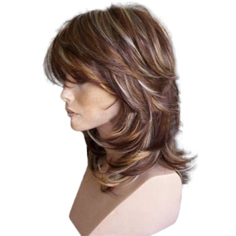 Egmy Medium Side Bang Highlighted Layered Slightly Curled Synthetic Wig