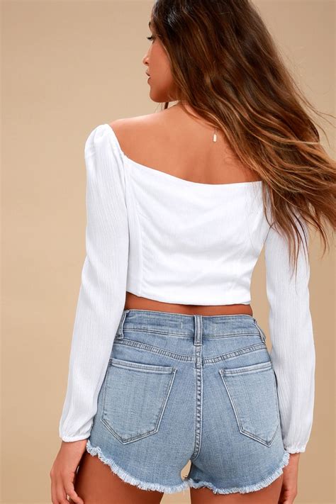 Cute Medium Wash Denim Shorts Pearl Cutoff Shorts