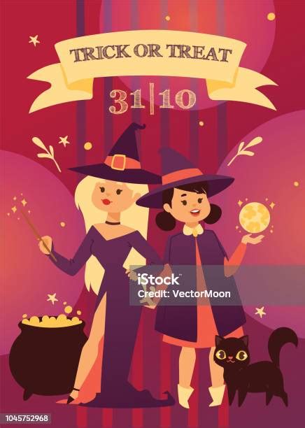 빗자루와 귀여운 작은 할로윈 소녀 Witchs 만화 해피 할로윈 인사말 Invintation 포스터 카드 파티 디자인 인쇄 마법