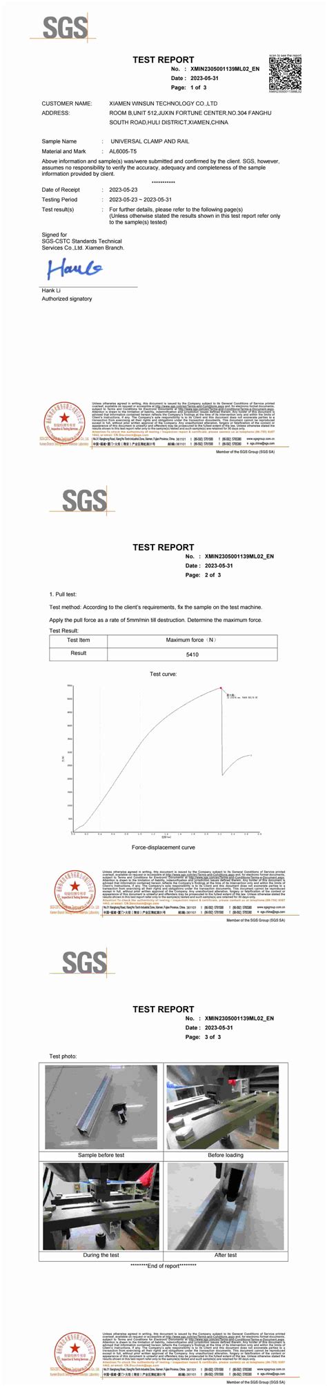 Universal Clamp Rail SGS Test Winsun