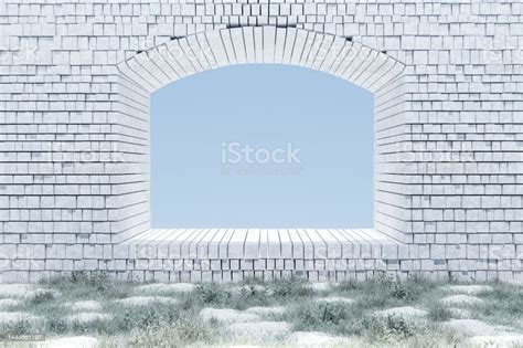Abstact 3d 렌더링 겨울 장면 및 자연 연단 배경 얼음 창 벽돌 벽이 있는 눈과 잔디 필드 화장품 미용 제품 스킨케어