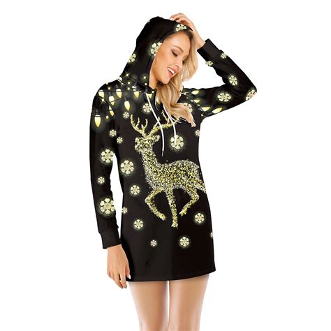 Women Christmas Hooded Dress Adults Sexy 3d Printing Long Sleeve