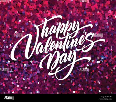 Happy Valentines Day Lettering Greeting Card On Red Glitter Background