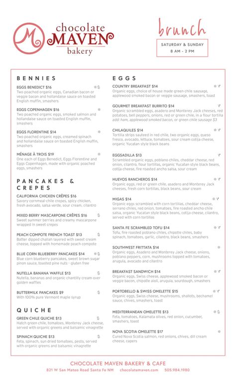 Restaurant Menus Chocolate Maven Bakery