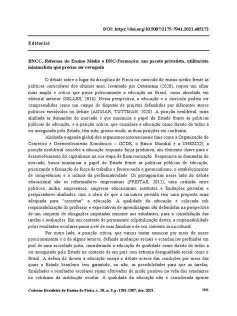 Osterman E Resende 2021 Bncc Reforma Do Ensino Médio E Bnc Formação Um Pacote Privatista