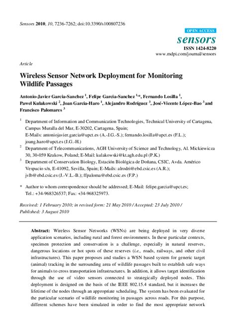 Pdf Wireless Sensor Network Deployment For Monitoring Wildlife Passages