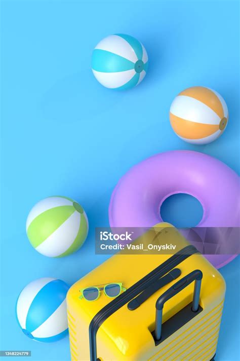파란색 배경에 화려한 가방 여름 방학 컨셉의 3d 렌더 수하물에 대한 스톡 사진 및 기타 이미지 수하물 태양 하늘 0명 Istock
