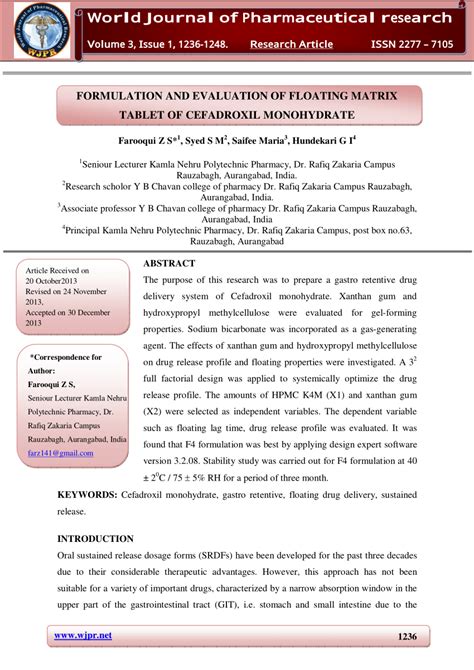 Pdf Formulation And Evaluation Of Floating Matrix Tablet Of Cefadroxil Monohydrate