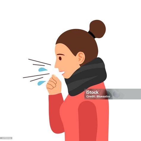 기침 여성 개념 벡터 일러스트레이션 아픈 사람 감기 독감과 바이러스 평면 디자인에 인플루엔자 여성의 재채기와 기침 폐렴 전염병