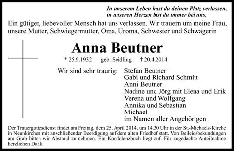 Traueranzeigen Von Anna Beutner Trauernnde