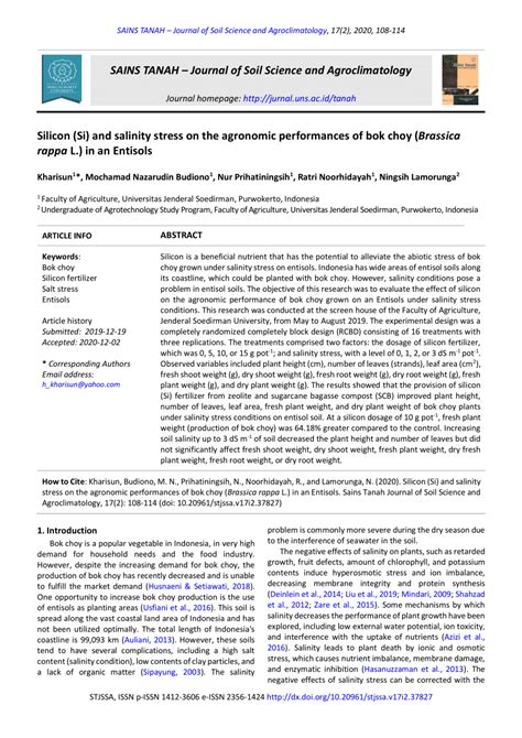 Pdf Silicon Si And Salinity Stress On The Agronomic Performances Of