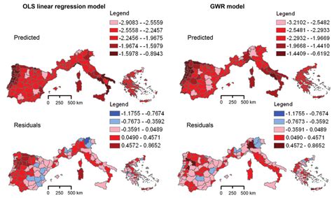 spatial distribution of the predicted values and their residuals of the