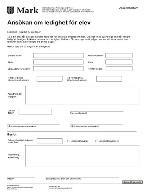 Fillable Online Mark Ans Kan Om Ledighet F R Elev I Grundskolan PDF
