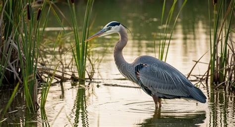 Great Blue Heron Ardea Herodias Stands In Shallow Water Among Tall