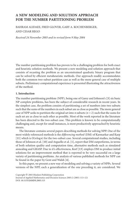 Pdf A New Modeling And Solution Approach For The Number Partitioning