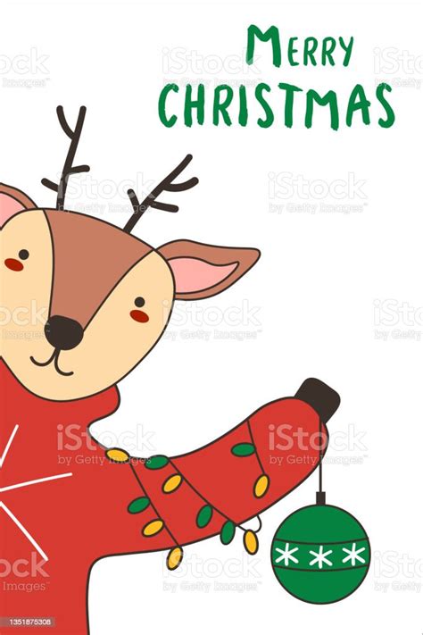 메리 크리스마스 인사말 카드 템플릿과 재미 순록 은 화환 만화 벡터 일러스트를 들고 빨간 스카프에 사슴 Eps와 크리스마스 포스터 배너 엽서 인사말 카드 디자인 12월에