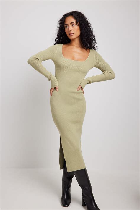 Scoop Neck Midi Slit Dress Green Na Kd