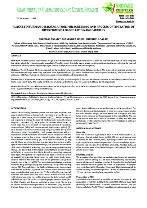 Pdf Plackett Burman Design As A Tool For Screening And Process Optimization Of Rivastigmine