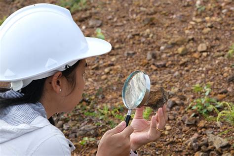 돋보기를 사용하는 여성 지질 학자는 자연을 검사하고 암석이나 자갈을 분석합니다 연구원은 생물학적 물질의 샘플을 수집합니다 환경