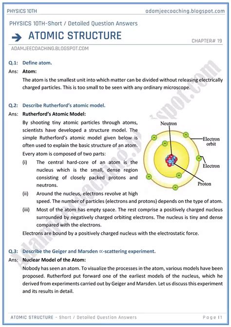 Adamjee Coaching Atomic Structure Short And Detailed Answer Questions Physics 10th