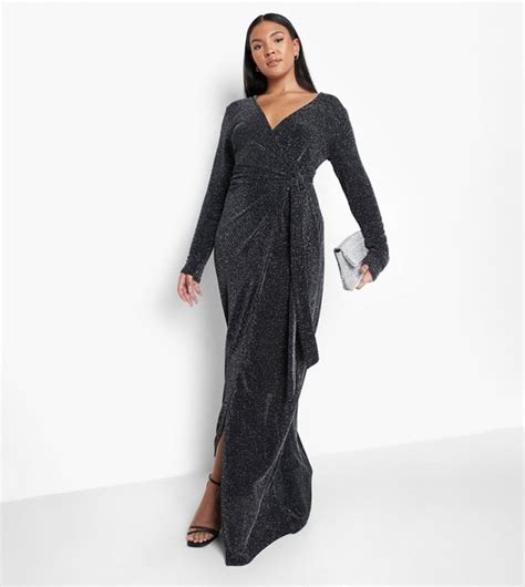 Buy Boohoo Metallic Long Sleeves Wrap Maxi Dress In Silver 6thstreet Uae