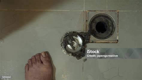청소를 배수합니다 막히고 더러운 하수도 파이프 바닥 배수구 머리카락과 축적 된 막힌 기름으로 가득합니다 욕실에서 바닥 배수 하수 시스템을 유지 보수 깨끗한 세척을 고정하고