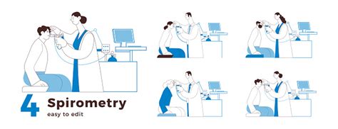 Spirometry 흑백 벡터 일러스트 레이션 모음 의료 사무실 또는 실험실에서 전신 혈류측정 및 폐활량 측정을 수행하는 의료