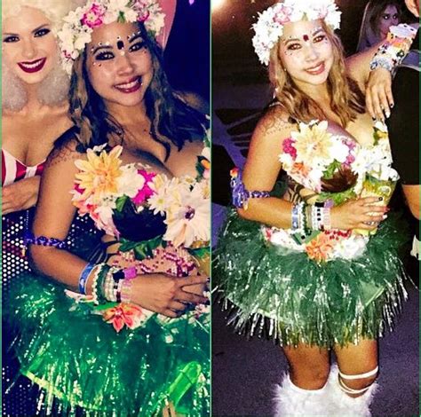 Tropical Hula Girl Coconut Flower Bra And Green Grass Skirt Lamour