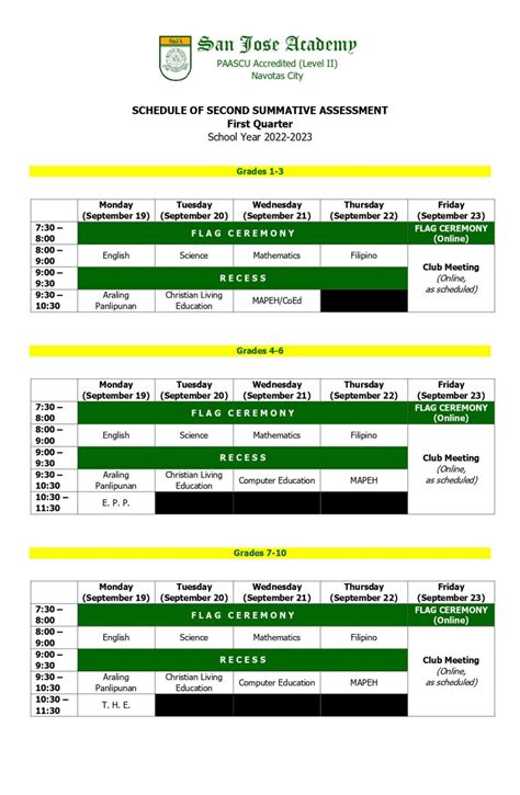 Schedule Of First Quarter Second Summative Assessment School Year 2022