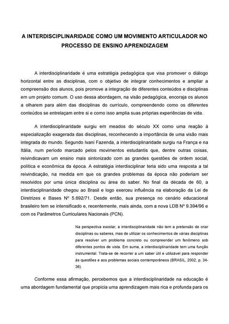 A Interdisciplinaridade COMO UM Movimento Articulador NO Processo DE Ensino Aprendizagem A