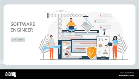 Web Developer Concept Vector For Landing Page Programmer Constructs Website Using Crane And