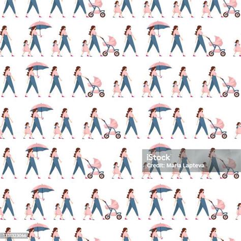 걷는 캐릭터가 있는 패턴입니다 청소년에서 모성의 형성에 여성의 삶의 주기의 평면 벡터 그림 다양한 포즈와 상황에 등장하는 일련의 캐릭터 가족에 대한 스톡 벡터 아트 및 기타