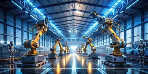 Automated Factory Floor Industrial Robots And Advanced Automation In A