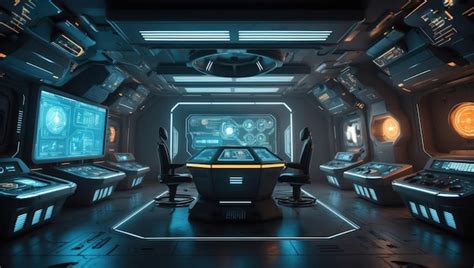 Futuristic control room with glowing interfaces and scifi elements ...
