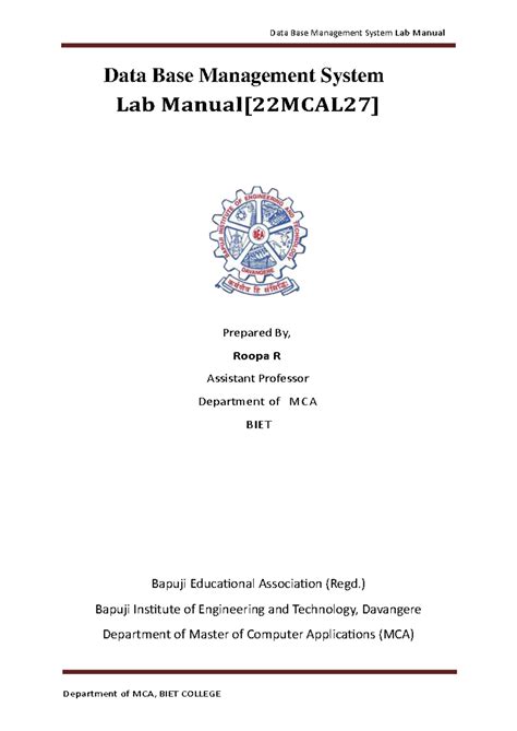 Dbms Lab Manual Data Base Management System Lab Manual 22mcal27