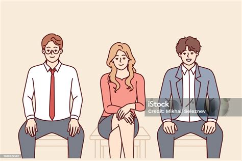 사업가들은 기업의 관리자 직책에 대한 인터뷰를 위해 줄을 서서 의자에 앉아 있습니다 개념에 대한 스톡 벡터 아트 및 기타 이미지