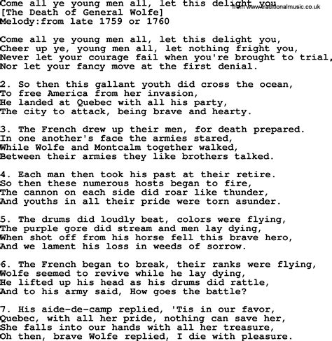 Old English Song Lyrics For Come All Ye Young Men All Let This Delight