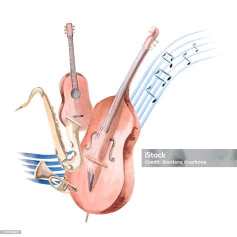 음악 오선보를 배경으로 악기를 작곡하는 것 초대장 엽서 콘서트 티켓 포스터에 인쇄 디자인을위한 고립 된 수채화 그림 Classical Concert에 대한 스톡 벡터 아트