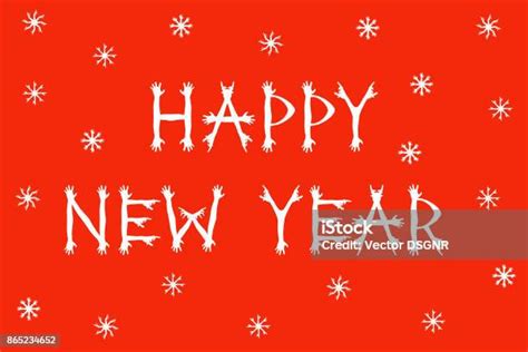 비문 행복 새 해 그리고 빨간 배경에 고립 된 눈송이 크리에이 티브 글꼴 좀비 손 실루엣에서 만든입니다 인사말 또는 초대 카드에 대 한 개념 12월에 대한 스톡 벡터 아트