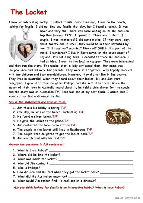Reading Comprehension The Locket Ge Deutsch Daf Arbeitsblätter Pdf And Doc