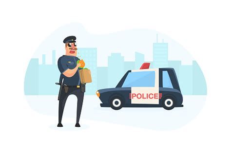 경찰차 근처 경찰관 캐릭터 스탠드 와 먹는 햄버거 벡터 일러스트 감시에 대한 스톡 벡터 아트 및 기타 이미지 감시 거리