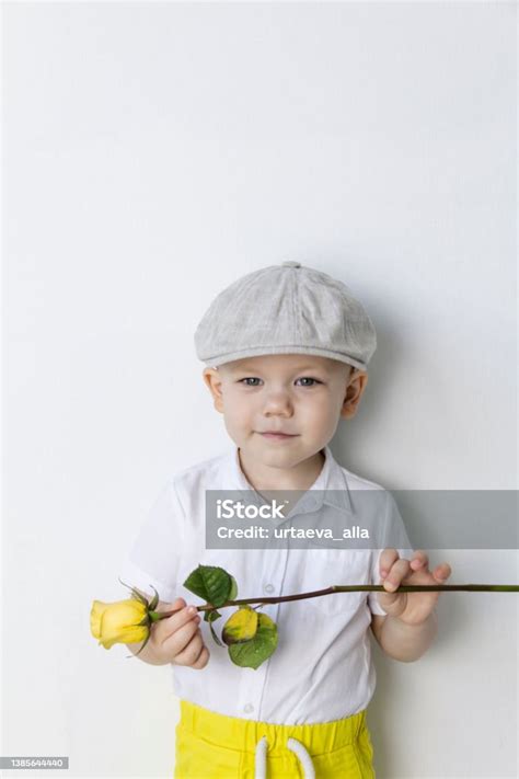 노란 장미를 손에 들고 복고풍 스타일의 한 어린 소년이 하얀 벽 근처에 서 있다 2 3 살에 대한 스톡 사진 및 기타 이미지 2 3 살 공휴일 꽃 식물 Istock