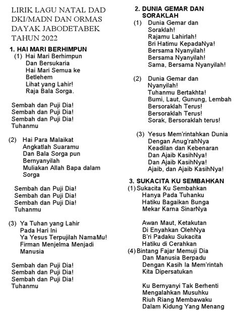 Lirik Lagu Natal Dad Dki Madn Dan Ormas Dayak Jabodetabek Tahun 2022 Pdf